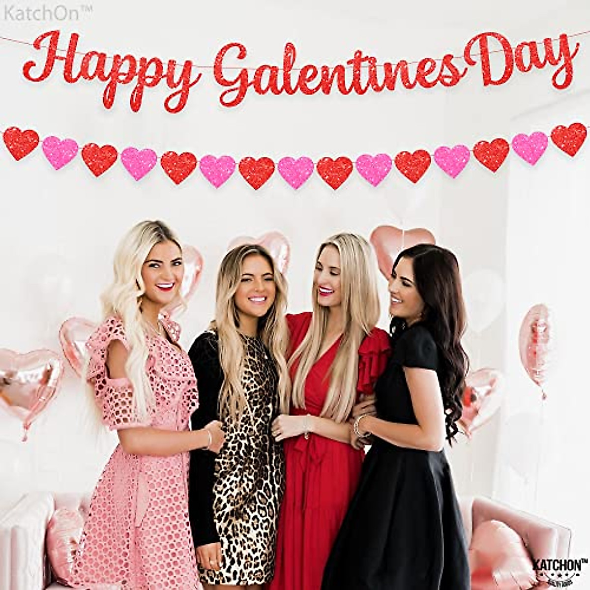 Glitter, Red Happy Galentines Day Banner - 2 Strings, No DIY | Happy Galentines Day Decorations | Galentines Day Party Favors for Be My Galentine Decor | Galentine's Day Decorations, Galentines Décor