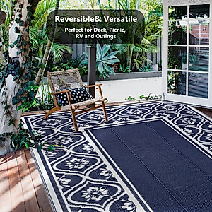 HUGEAR RV Outdoor Rug Waterproof Mat Outdoor Rugs 9'x12' for Patios Clearance Carpet Outdoor Camping Rugs Large Plastic Straw Rug (9x12ft Lantern Navy Blue&White)