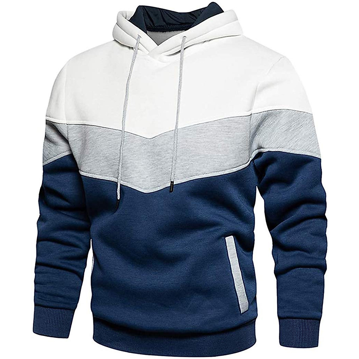 Wielsscca Mens Hoodies Pullover Color Block Fleece Sweatshirt Tops with Pocket White L