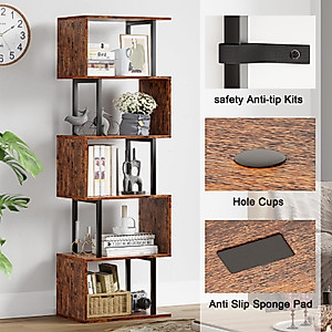 Furologee 6-Tier Bookshelf, Tall S-Shaped Geometric Bookcase, Industrial Freestanding Display Shelf Unit, Wood and Metal Decorative Room Divider for Living Room Bedroom, Home Office, Rustic Brown