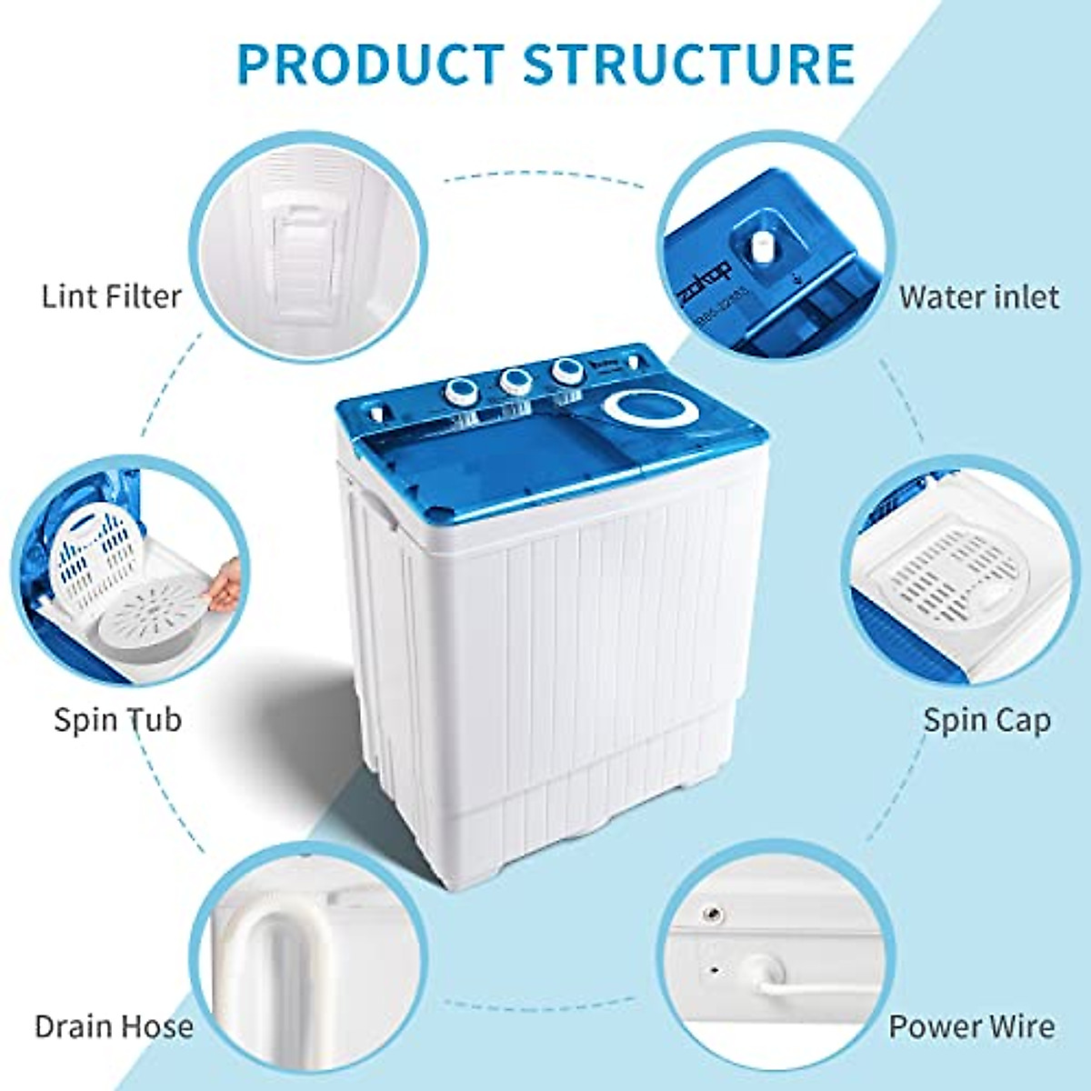 Winado 26LBS Portable Washing Machine, Compact Mini Washer Machine & Dryer Combo, Built-in Gravity Drain, Small Twin Tub Washer with Spin Cycle for Laundry Room, Apartments, Dorms, RV's (Blue)