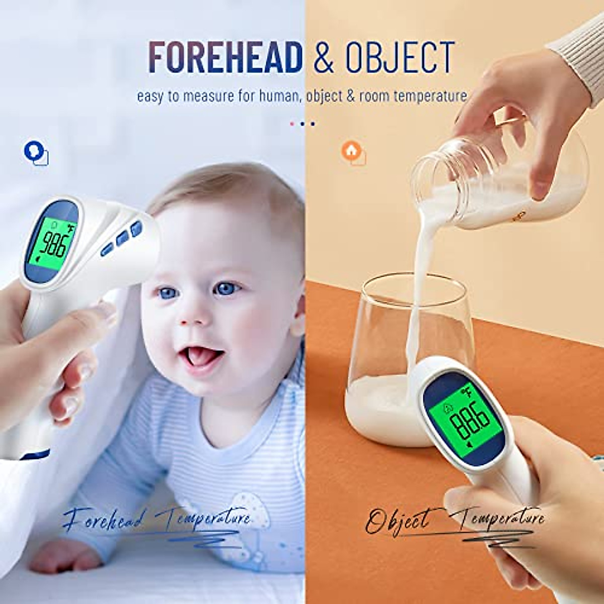 Touchless Thermometer for Adults, Digital Infrared Thermometer Gun with Fever Alarm, Forehead and Object 2 in 1 Mode, Fast Accurate Results (White)