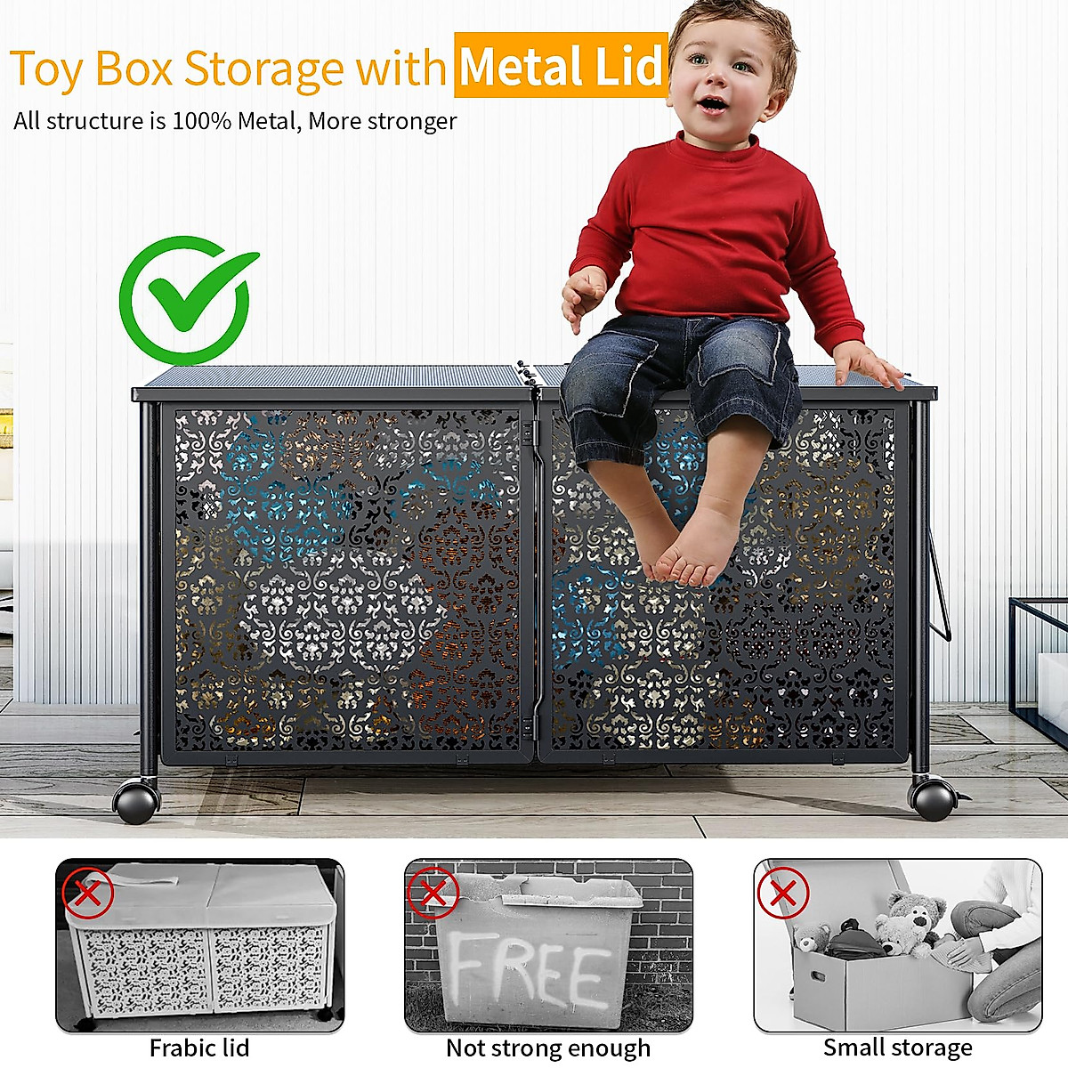 LOEVIICA Toy Box Toy Chest with Rotating Wheels and Sturdy Metal Lid, Metal Toy Organizers and Storage Boxes Baskets for Boys Girls Kids Room (Black (Small 2 Pack))