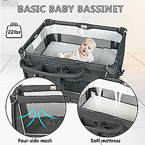 Kinder King 5 in 1 Portable Nursery Center, Foldable Playard for Baby & Toddler, Infant Pack n Play w/Bassinet, Mattress, Newborn Changing Table, Cradle, Travel Bag, Music Box, Storage Basket, Grey