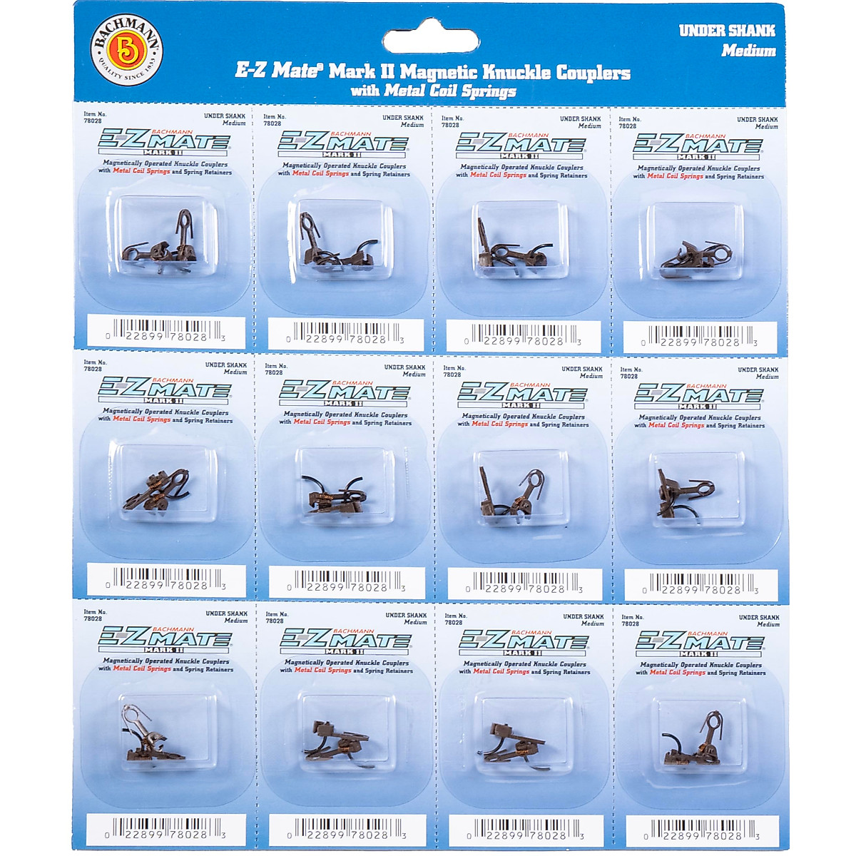 Bachmann Trains - E-Z MATE MARK II COUPLERS - MAGNETIC KNUCKLE COUPLERS with METAL COIL SPRING - UNDER SHANK - MEDIUM (12 pair/card) - HO Scale