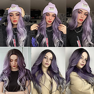 YUSHU Long Purple Wigs for Women Long Wavy Ombre Middle Part Colored Heat Resistant Synthetic Wig for Daily Party Use Cosplay(Ombre Purple, 26 Inch)