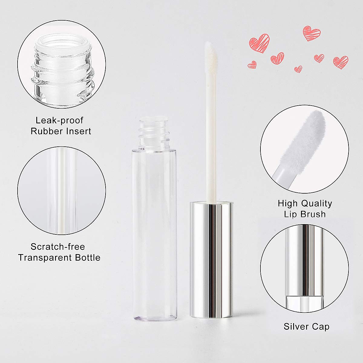 GTHER 10PCS 10ML Empty Lip Gloss Containers Tube with Wand, Refillable Lip Balm Bottles, Lipstick Sample Container and Funnel and Rubber Stoppers for Girls DIY Lip Samples, Silver Top