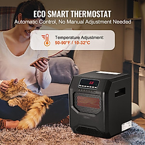 VEVOR Infrared Heater, 1500W Remote Control Electric Space Heater, LED Patio Heater w/ 3 Speeds & Timer & Overheat/Tip-Over Protection & Child Lock, for Bedroom,Living Room,Nursery,Studio,ABS