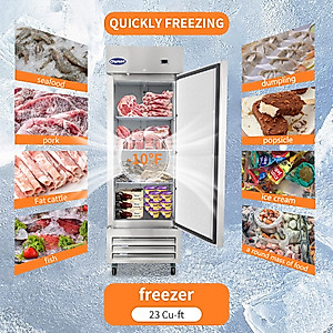 CHUMART 27" Commercial Freezer with Single Solid Door, 23 Cu.ft Fan Cooling Stainless Steel Upright Freezer, LED Lighting, 3 Shelves for Restaurant, Commercial Kitchen, Home,Bar, Shop, etc