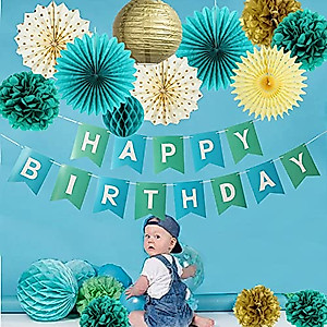 Teal Gold Birthday Party Decorations Teal Paper Fans Teal Gold Happy Birthday Banner Paper Pom Poms Flowers Baby Boy Birthday Baby Shower Women Birthday Turquoise Party Decorations