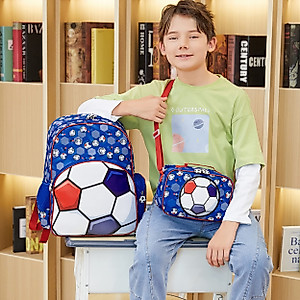 YOJOY Kids Backpack for Boys with Lunch Box Set Elementary School Bags 16 inch Kindergarten Primary Bookbags Football Dinosaur Backpacks (Blue Football Set)