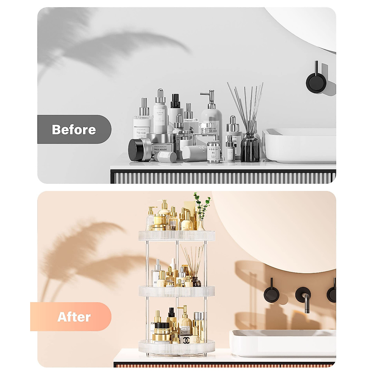 360° Clear Rotating Storage Tray, 3 Tier Lazy Susan Bathroom Countertop Organizer, Cosmetics and Perfume Organizer, Spinning Storage Tray Vanity Organizer Shelf for Bathroom Cabinet, Kitchen(Large)