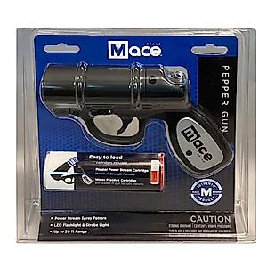 Mace Brand Pepper Spray Gun with Strobe LED (Matte Black) — 20’ Powerful Pepper Spray, Leaves UV Dye on Skin, Integrated LED Light Enhances Aim — Mace Self Defense Spray for Women/Men, Made in the USA