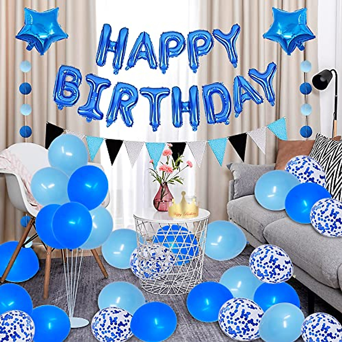 Succris 38TH Blue Theme for 38 Years Old Birthday Party Supplies Blue Happy Birthday Banner Blue Circle Dots Garland Paper Hanging Triangle Flag Banner Confetti balloons Number 38 Blue