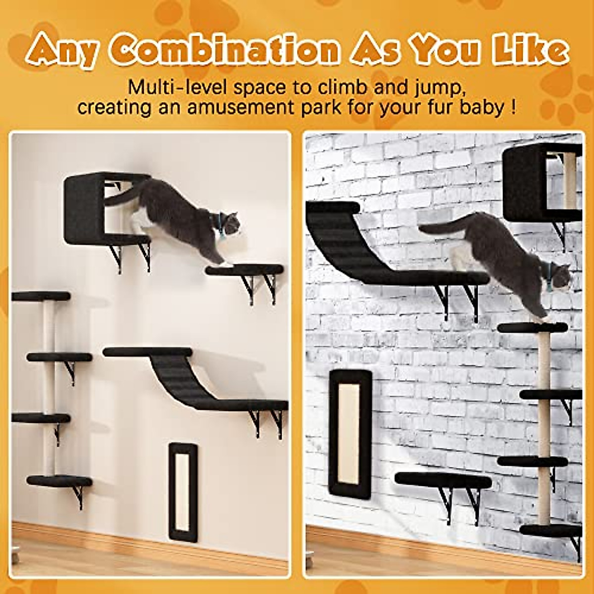 COZIWOW 5 Pcs Wall-Mounted Cat Climber Set with Cat Shelves and Perches, Ladder, Cat Condo House, Scratching Board and Cat Tree, Cat Wall Shelves Furniture, Wood Indoor,Black