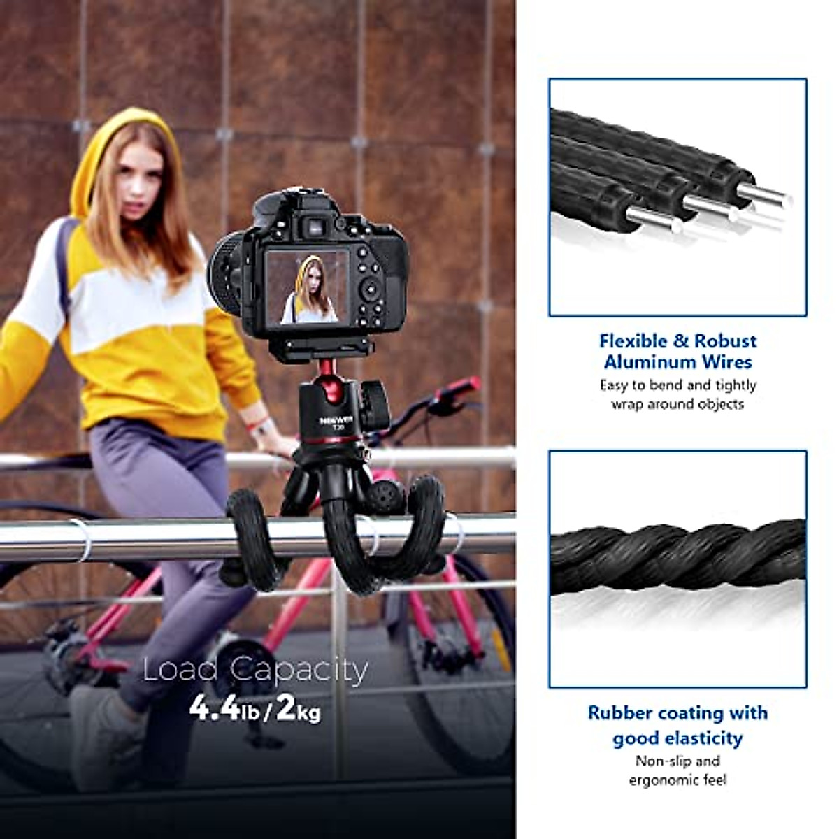 NEEWER Camera Flexible Tripod with Remote Shutter, Mount Adapter for Hero 11 10 9 8, Hidden Phone Holder with Cold Shoe, 1/4" Screw for Magic Arm, Bendable Vlogging Tripod, Load Up to 4.4lb - T30