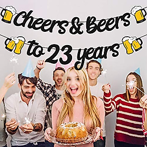 23th Birthday Decorations Cheers to 23 Years Banner for Men Women 23s Birthday Backdrop Wedding Anniversary Party Supplies Black Glitter Decorations PRE STRUNG