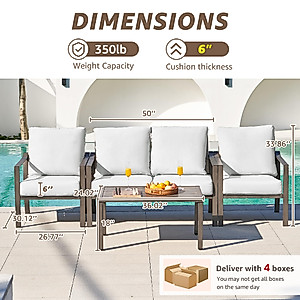 NATURAL EXPRESSIONS Patio Furniture 4 Piece Set,Outdoor Conversation Set Metal Patio Sectional Sofa with High Back Hand-Woven Rope Chairs by Hand Brushed Wood Grain Finish, 6" Cushion for Yard,Garden