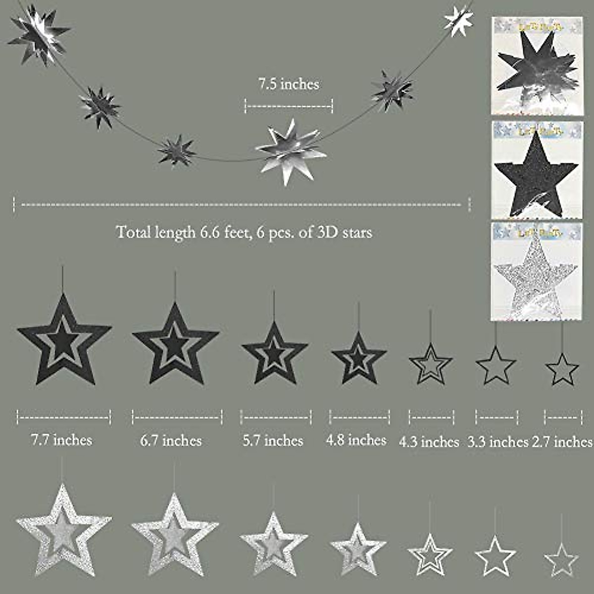 Cheerland Glitter Black Charcoal Silver Star Party Decorations Twinkle Little Star Garland Hanging Backdrop Banner Halloween Birthday Bridal Shower Graduation Ramadan EID Wedding Bachelorette Decor