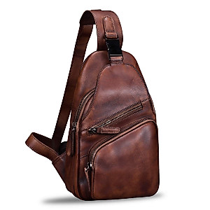 Genuine Leather Sling Bag Chest Shoulder Hiking Backpack Vintage Handmade Crossbody Daypack (Coffee)