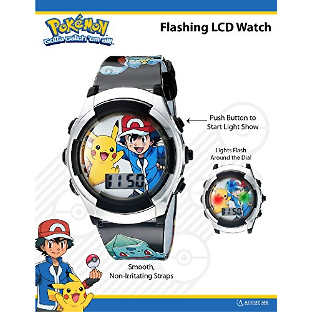 Accutime Kids Pokemon Ash & Pikachu Digital LCD Quartz Multicolor Wrist Watch with Black Strap, Cool Inexpensive Gift & Party Favor for Boys, Girls, Adults All Ages (Model: POK3018)