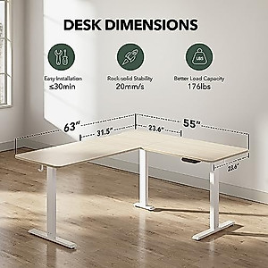 FEZIBO 63" L Shaped Standing Desk Height Adjustable, Electric Stand up Corner Desk, Sit Stand Home Office Desk with Splice Board, White Frame/Light Walnut Top