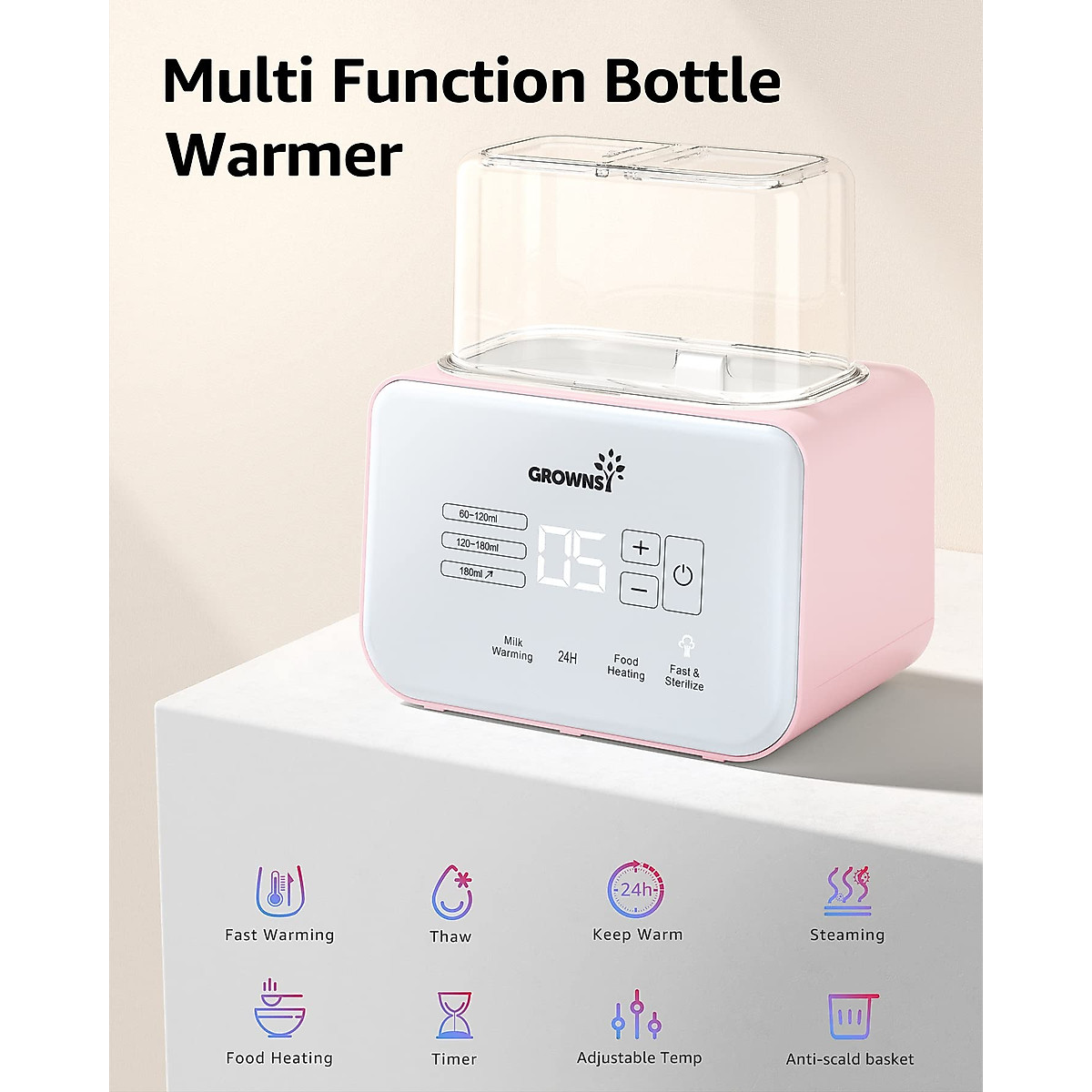 Baby Bottle Warmer, Gronwsy 8-in-1 Fast Milk Warmer with Timer Breastmilk or Formula, Fits 2 Bottles, Accurate Temperature Control, with Defrost, Sterili-zing, Keep, Heat Baby Food Jars Function