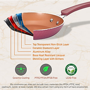 NutriChef 11 Piece Nonstick Ceramic Coating Elegant Diamond Patterned Kitchen Cookware Pots and Pan Set with Lids and Utensils, Maroon