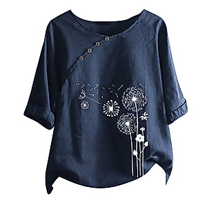 DASAYO Linen Button Down Shirt Women Half Sleeve Loose Vintage Blouses Top Dandelion Print Casual Summer Comfy Shirts Tops