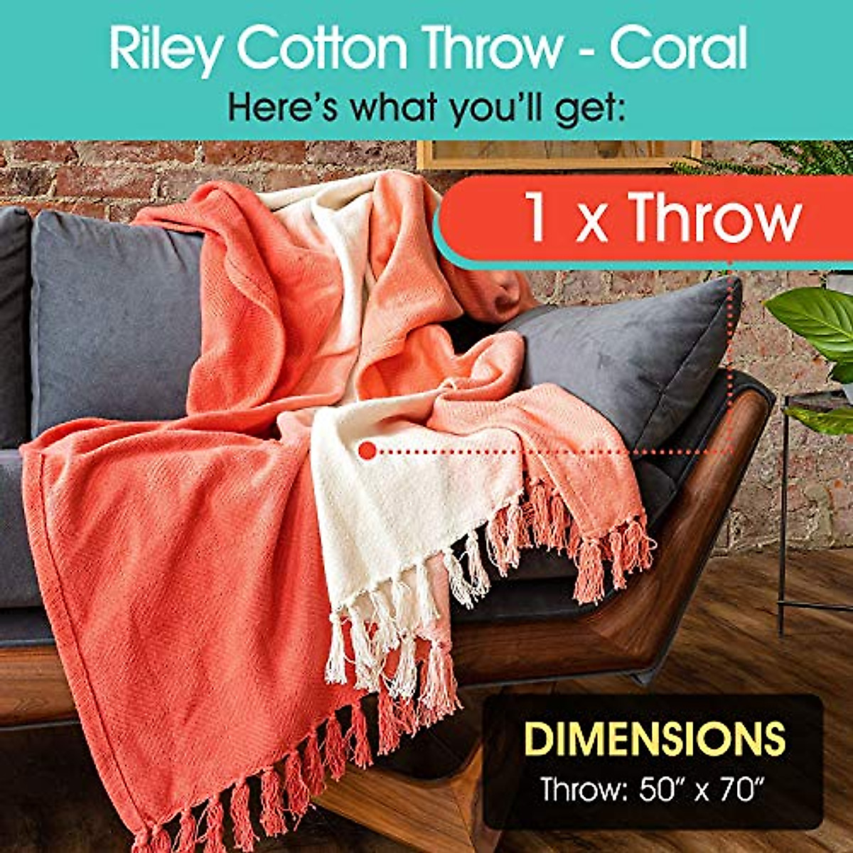 Refinery29 | Riley Collection | Premium Cotton Textured Throw Blanket, Modern Dip Dye Fringe Design for Luxury Home Décor (50 x 70, Coral)
