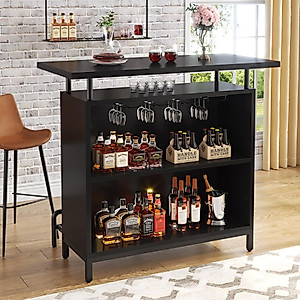 LITTLE TREE 47 Inches PU Leather Home Bar Table Unit Liquor Cabinet Glasses Holder and Metal Footrest,Wine Rack for Kitchen Living Room, 2-Tier, Black