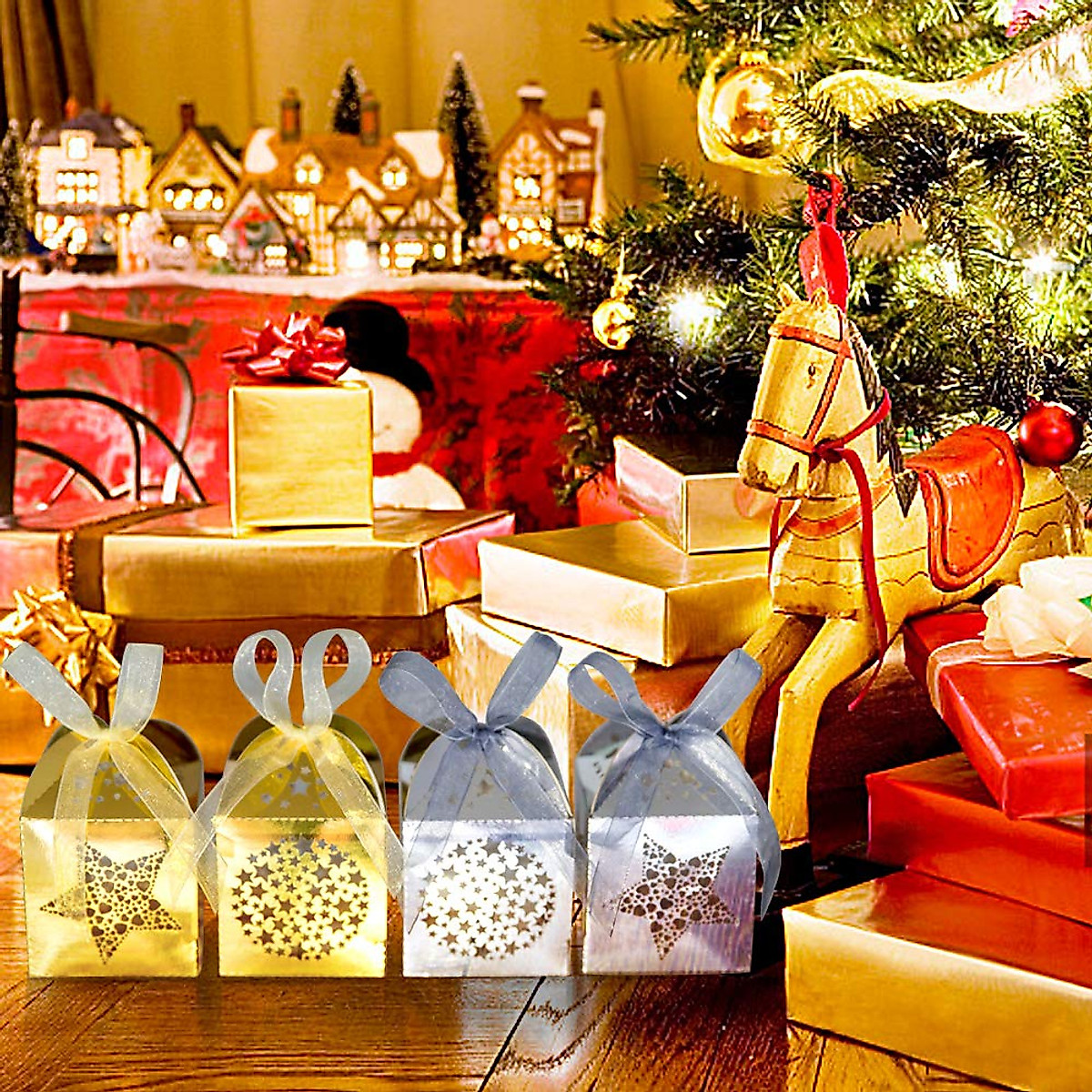 Naler 40pcs Mini Paper Treat Boxes Candy Goodie Gift Boxes with Ribbon for Halloween Christmas Wedding Favor Party Gift Wrap Decoration, Gold & Silver, 2 x 2 x 3 Inches