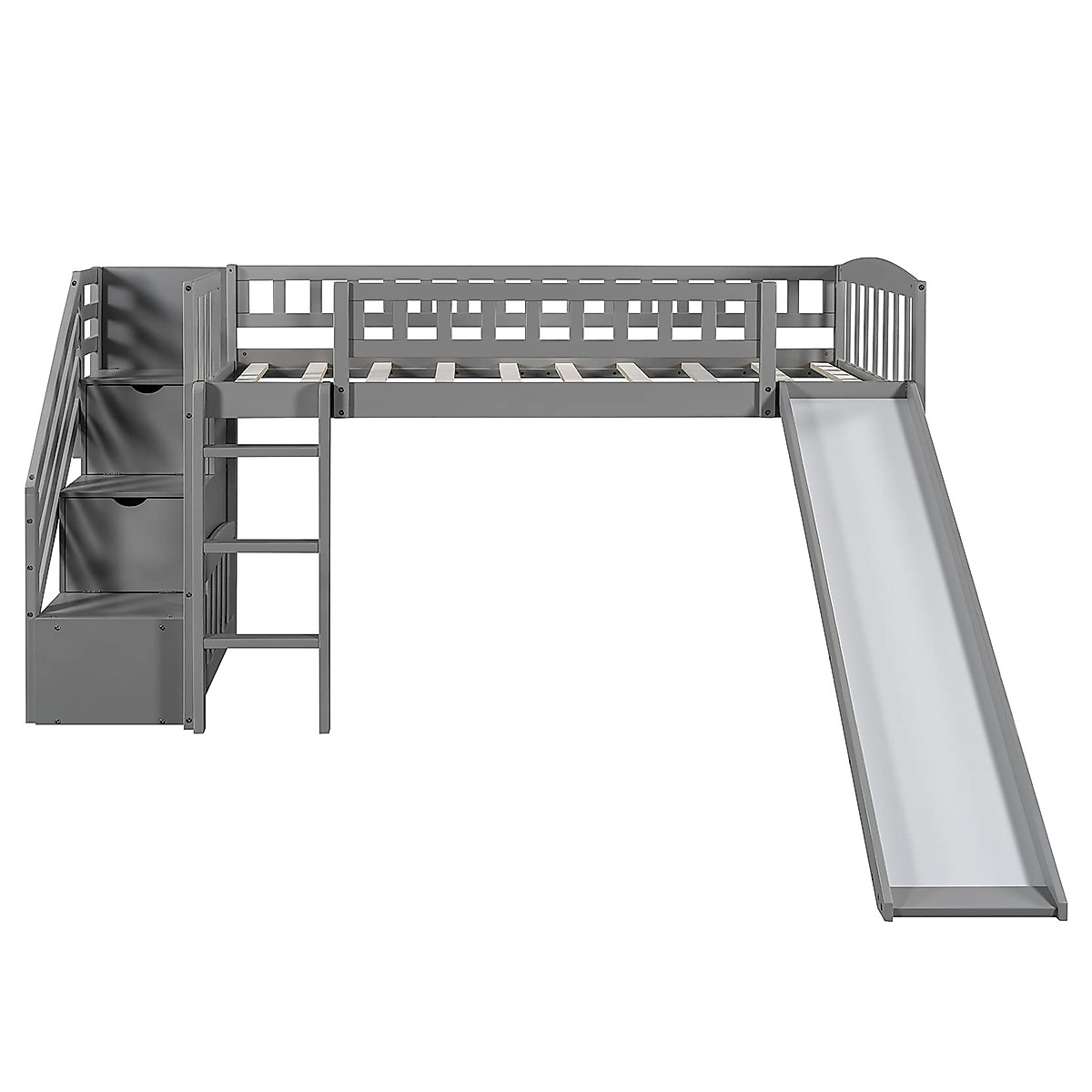 Harper & Bright Designs Twin Loft Bed with Slide for Kids, Wood Slide Loft Bed with Stairs and Built-in Ladder, No Box Spring Needed,Grey