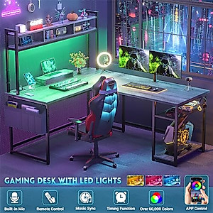 Besiost L Shaped Gaming Desk with Power Outlets, 59" Reversible L Shaped LED Computer Desk with Monitor Stand & Storage Shelf, Corner Gamer Desk Home Office Desk with Storage Bag, Black Oak