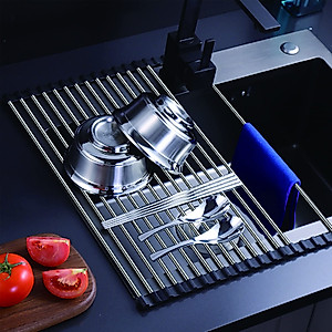 XL Extra Large Expandable Roll Up with Storage Basket 22.8" x 12.7" Over Sink Dish Drying Rack Multi-Purpose Kitchen Rolling Dish Drainer Foldable Stainless Steel Dish Drying Rack for Kitchen