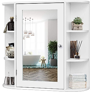 Bathroom Wall Mounted Cabinet Indoor Kitchen Medicine Cabinet Shelves Organizer with Single Door Mirror Height Adjustable Bathroom Cabinet for Bathroom, Vestibule, Bedroom