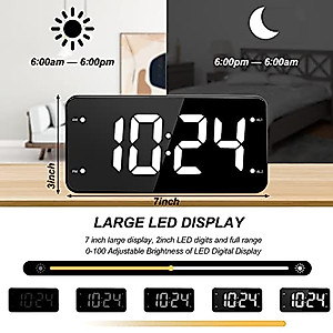 Digital Loud Alarm Clock for Heavy Sleepers Adults with Bed Shaker - Ideal for Hearing Impaired People - Dual Alarm Settings & 2 USB Charger - 7 Inch Display (Black with White Digit)