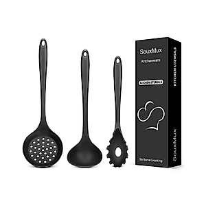 3 Pcs Silicone Kitchen Utensils Set, Soup Ladle-Pasta Fork-Slottede Spoon, Nonstick BPA Free High Heat Resistant Cooking Utensils for Mixing, Serving, Draining, Turning, Stirring