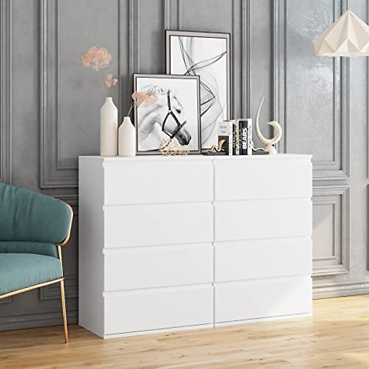 FOTOSOK 4 Drawer Dresser, Modern Storage Chest of Drawers 23.6L x 15.7W x 31.5H in, Nightstand File Cabinet with 4 Drawers for Home Office, White