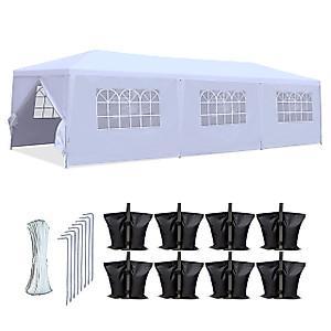 SereneLifeHome Pop Up Canopy Tent - 10x30 Portable Commercial Instant Shelter Foldable/Collapsible Sun Shade Waterproof Tent w/ 8 Walls - 8 Sand Bag, 8 Stake & Ropes White (SLTET30NG)