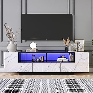 Vinctik 6&Fox 70inch LED TV Stand for 80/75 inch TV,Modern TV Stand for Living Room,TV Console,High Gloss Entertainment Center with Large Storage Drawer,APP LED Light(Marbling)