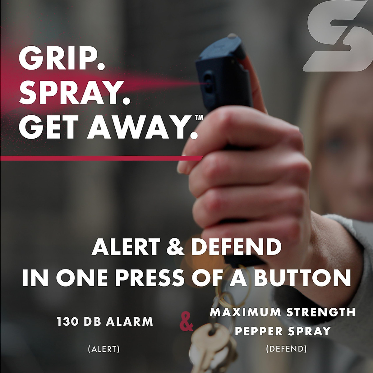 SABRE 2-in-1 Pepper Spray + Personal Alarm, Alert & Defend with One Press or Use Alarm Only, Fast Flip Top Safety with Finger Grip & Tuck-Away Keyring, Maximum Police Strength, UV Marking Dye & 130dB