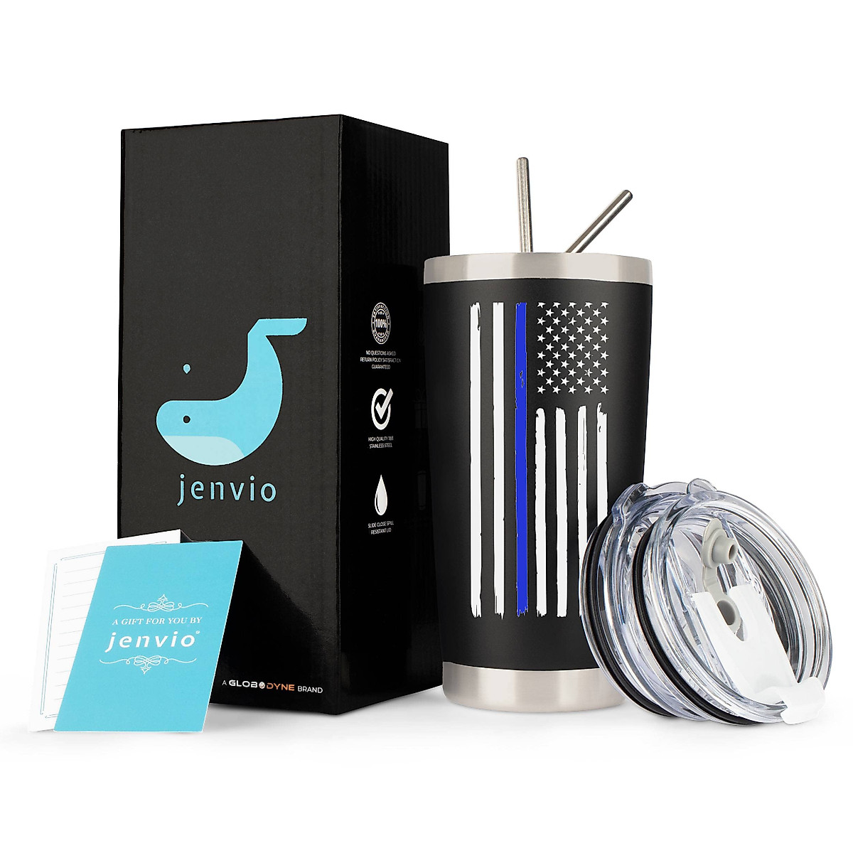 JENVIO Thin Blue Line Police Tumbler | Stainless Steel Travel Mug Including 2 Lids 2 Straws Gift Box for Coffee Cup | Correctional for Him | Cops Officer Valentine's Day Gift