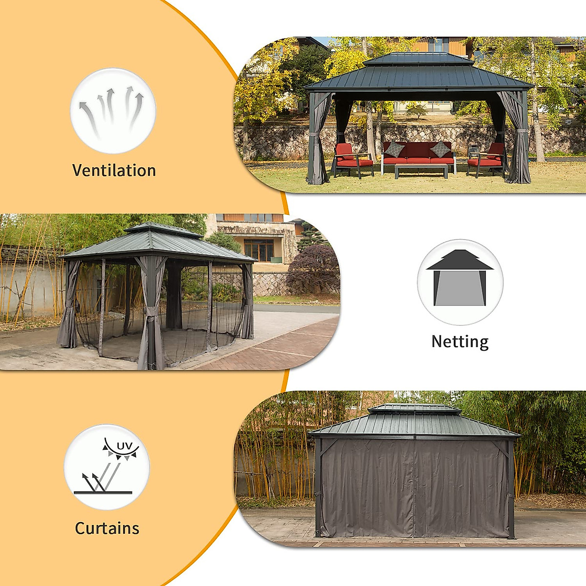 Domi 10' x 14' Hardtop Gazebo Permanent Metal Gazebo with Galvanized Steel Double Roof, Curtains and Netting for Outdoor Dining, Party, Patio, Backyard, Grey