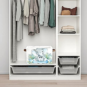 Personalized Elephant Blue Polka Dots Storage Basket Bin with Name Large Storage Cube Box with Handles for Home Office Bedroom Closet Shelves(1 Pack)