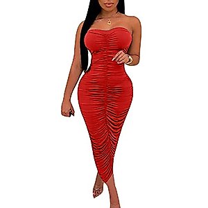 BEAGIMEG Women's Sexy Ruched Strapless Bodycon Tube Maxi Long Club Dress Red