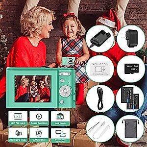 RUAHETIL Digital Camera, Autofocus FHD 1080P 48MP Kids Vlogging Camera with 32GB Memory Card, 2 Charging Modes 16X Zoom Compact Camera Point and Shoot Camera for Kids Teens (Green)