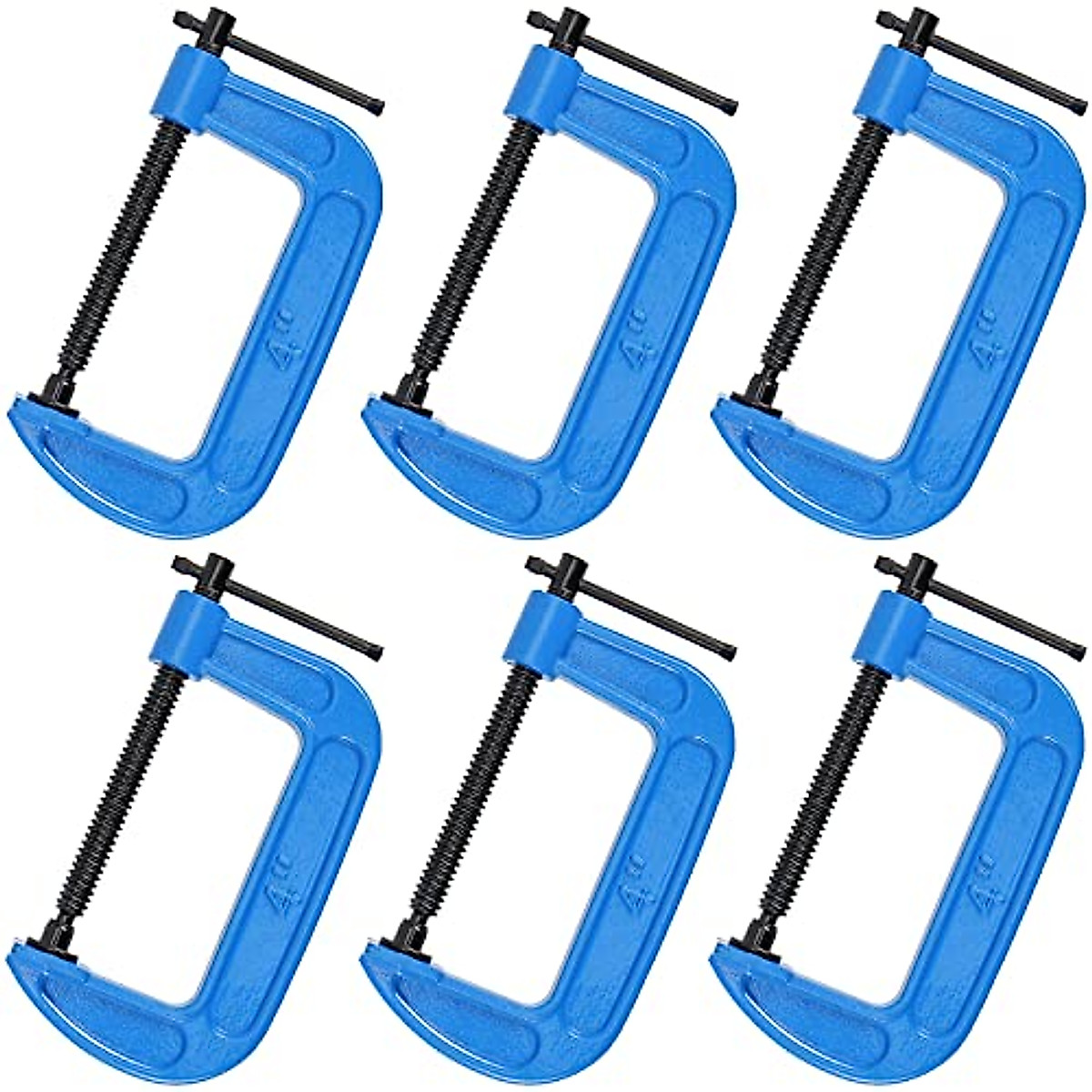 4 Inches C-Clamp Set, JEUIHAU 6 Pack Heavy Duty Malleable C Clamp, Blue Power Coated C Clamp for Woodworking, Welding and Building