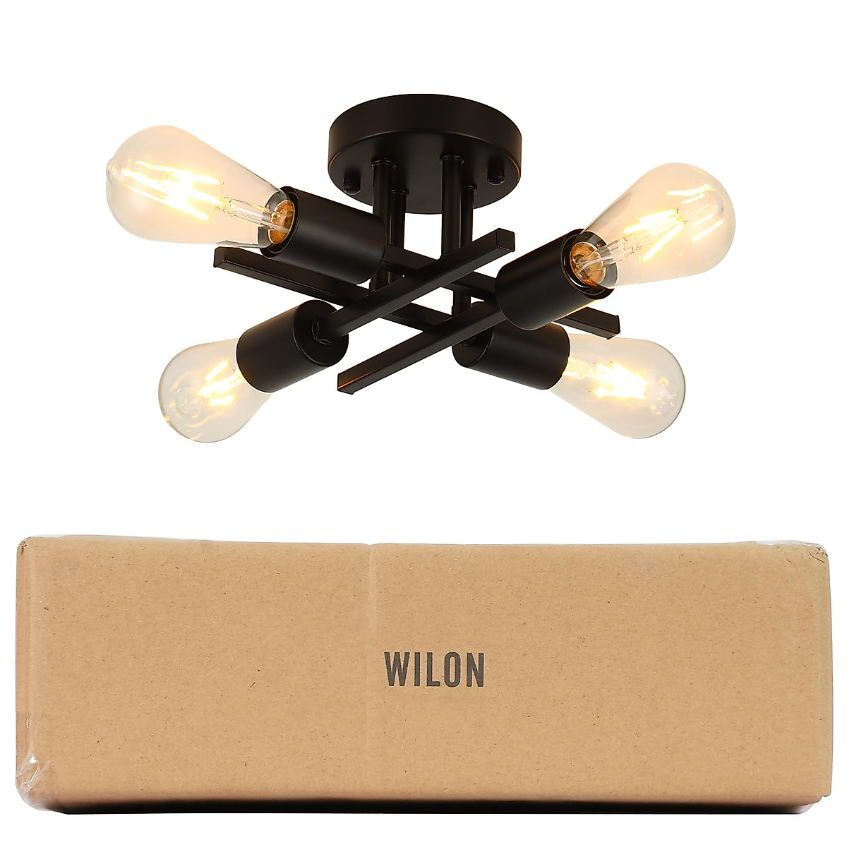 WILON Semi Flush Mount Ceiling Light Fixture, 4-Light Industrial Black Ceiling Light, Modern Sputnik Chandelier Small Ceiling Lamp for Kitchen Bedroom Living Room Dining Bathroom Laundry Hallway