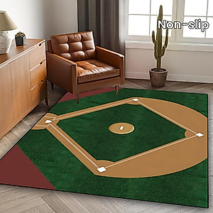 Baseball Field Area Rug, 6x8ft, Retro Sports Field Carpet for Living Room, Sports Theme Durable Anti-Slip Rug, Low Pile Non-Shedding Absorbent Home Decor Carpets for Family Boy Room